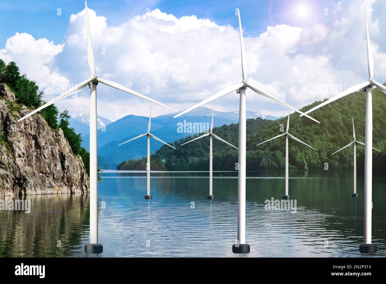 Floating wind turbines installed in water near mountains. Alternative ...