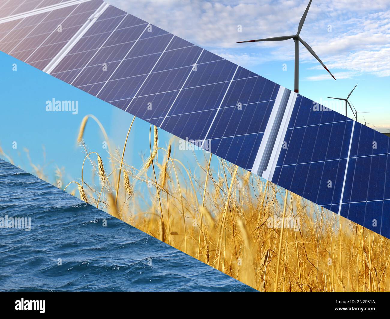 Collage with photos of water, field, solar panels and wind turbines ...