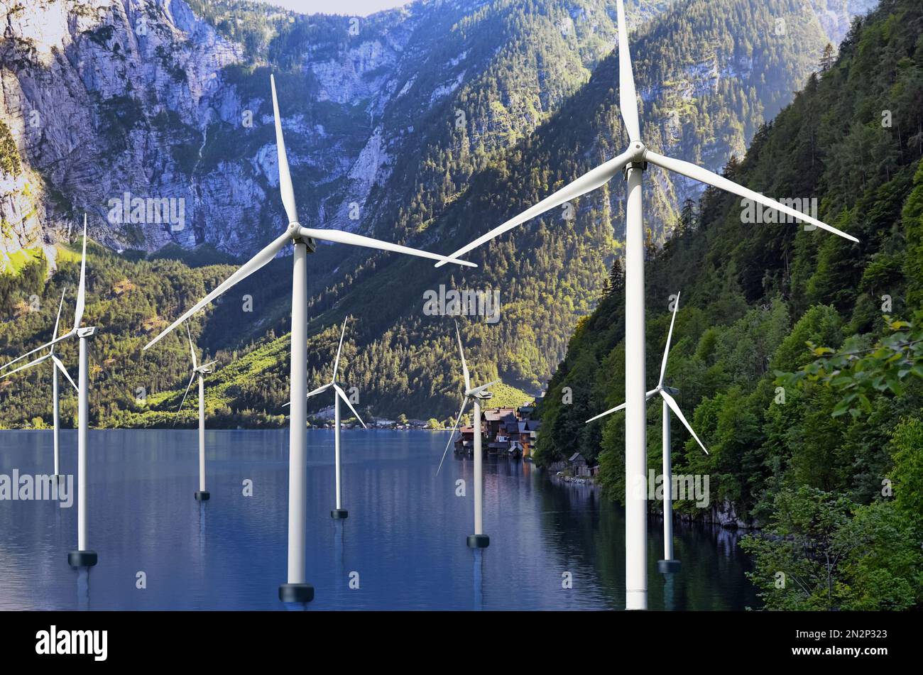 Floating wind turbines installed in water near mountains. Alternative ...