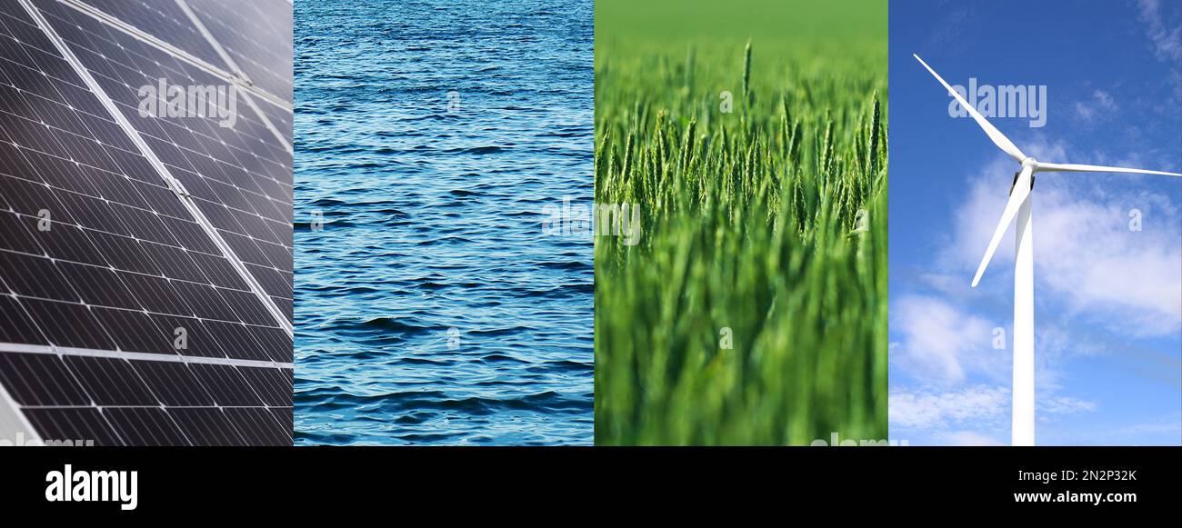 Collage with photos of water, field, solar panels and wind turbine ...