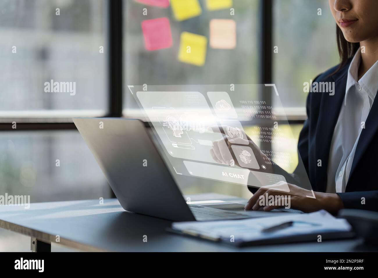 Chatbot Chat with AI, Artificial Intelligence. Business woman using ...