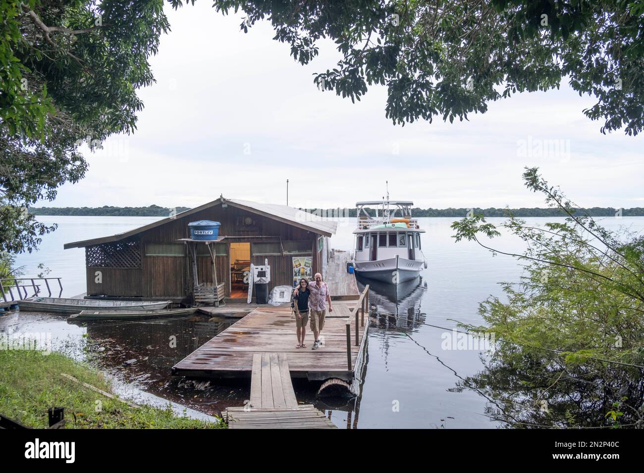 A plush ecotourism river boat moored in Novo Airao, Brazilian Amazon ...
