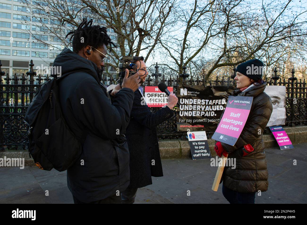 London, UK. 7th Feb, 2023. Nurses on a picket line during a strike ...
