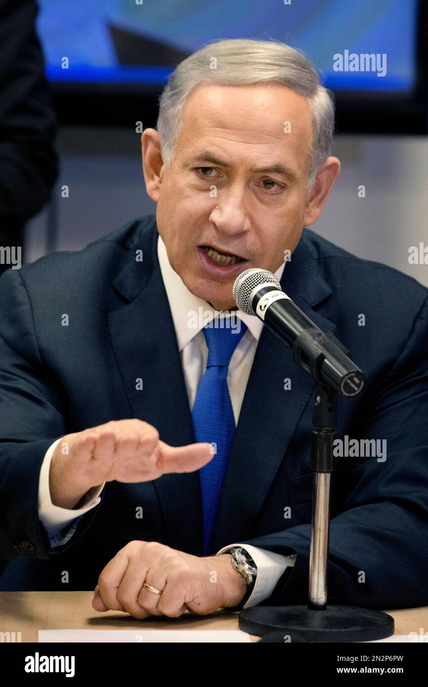 Israeli Prime Minister Benjamin Netanyahu speaks during a Likud party meeting in Or Yehuda near ...