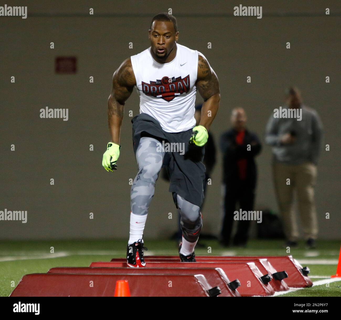 Linebacker Curtis Grant runs a drill during NFL Pro Day at Ohio State ...