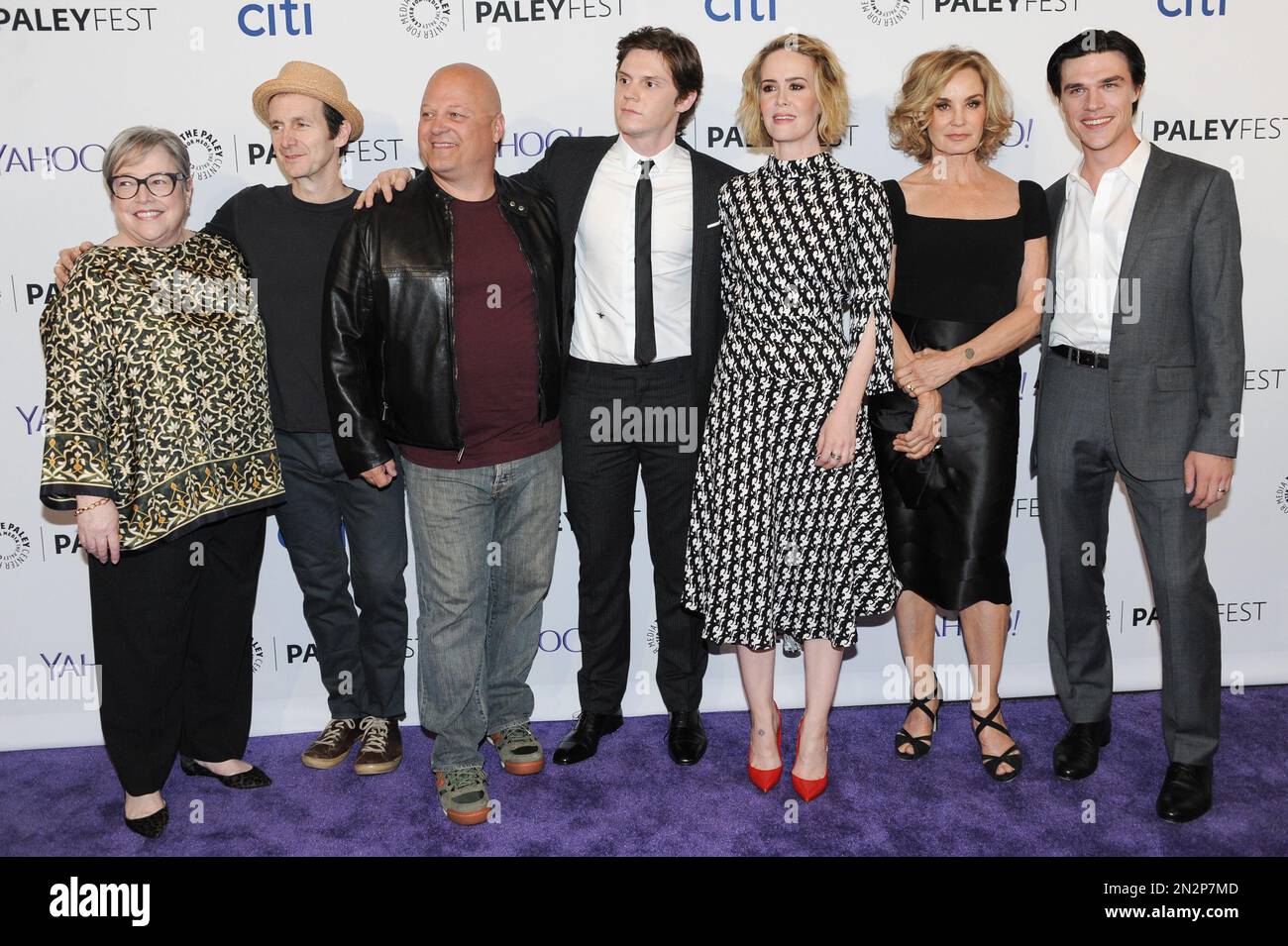 Kathy Bates, from left, Denis O'Hare, Michael Chiklis, Evan Peters ...