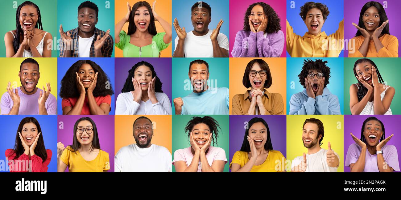 Happy Excitement. Diverse Positive People Expressing Different Emotions Over Colorful ...