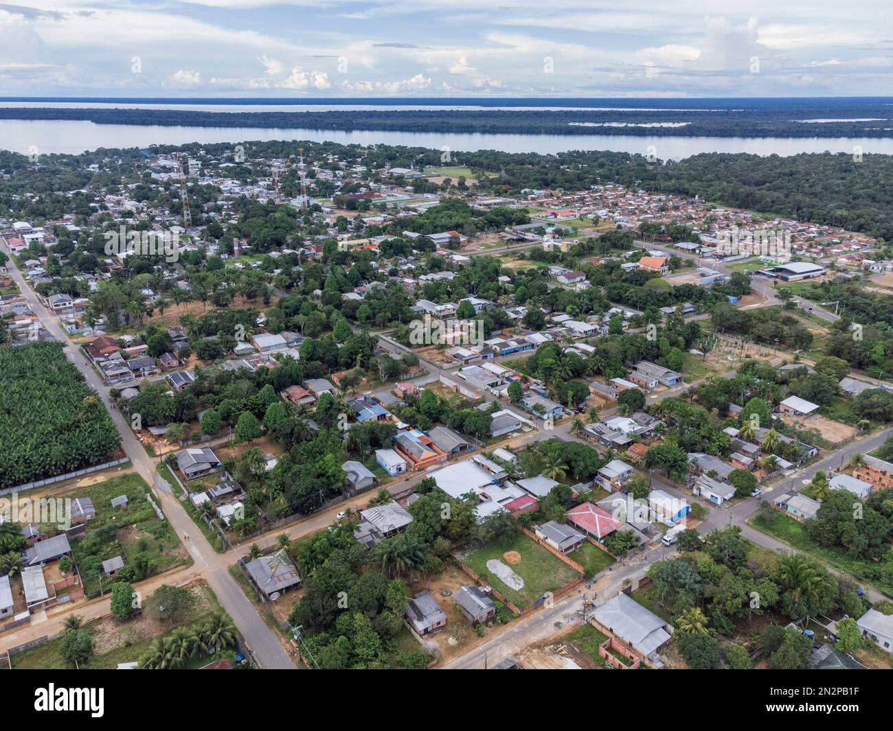 South America, Brazil, Amazon, Novo Airao village, aerial shot of the ...