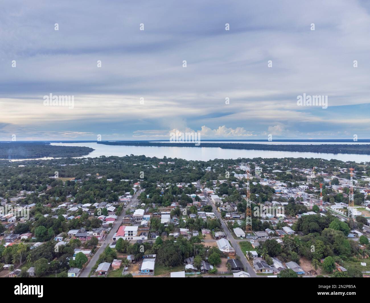 South America, Brazil, Amazon, Novo Airao village, aerial shot of the ...