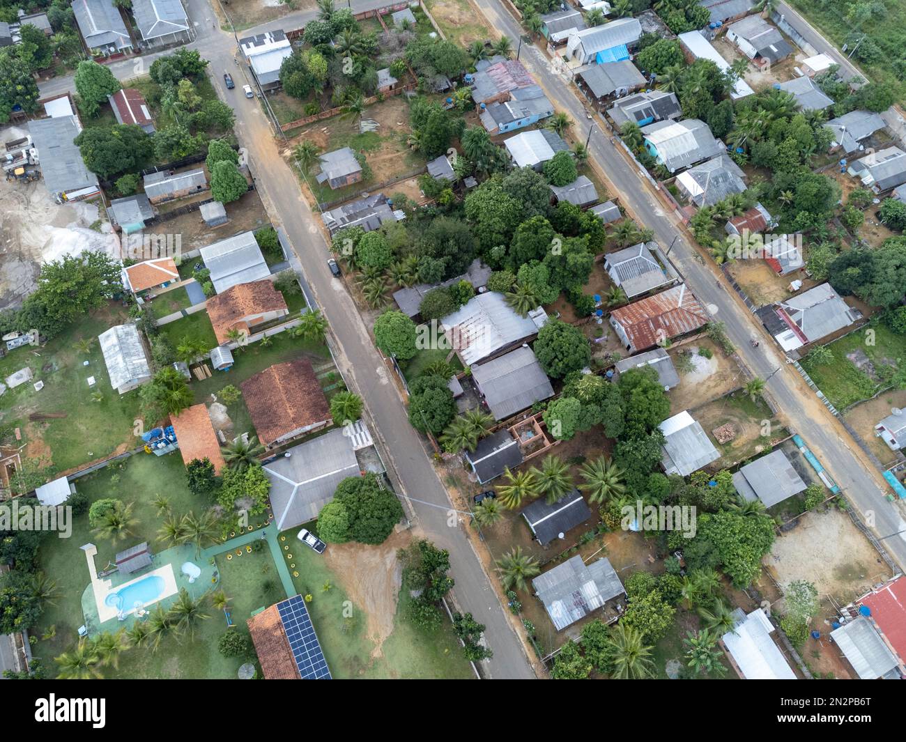 South America, Brazil, Amazon, Novo Airao village, aerial shot of the ...