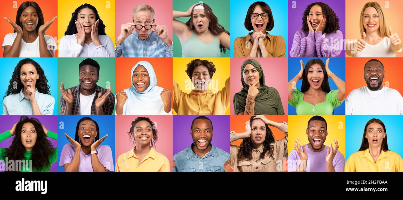 Multiethnic people showing diverse positive and negative emotions over ...