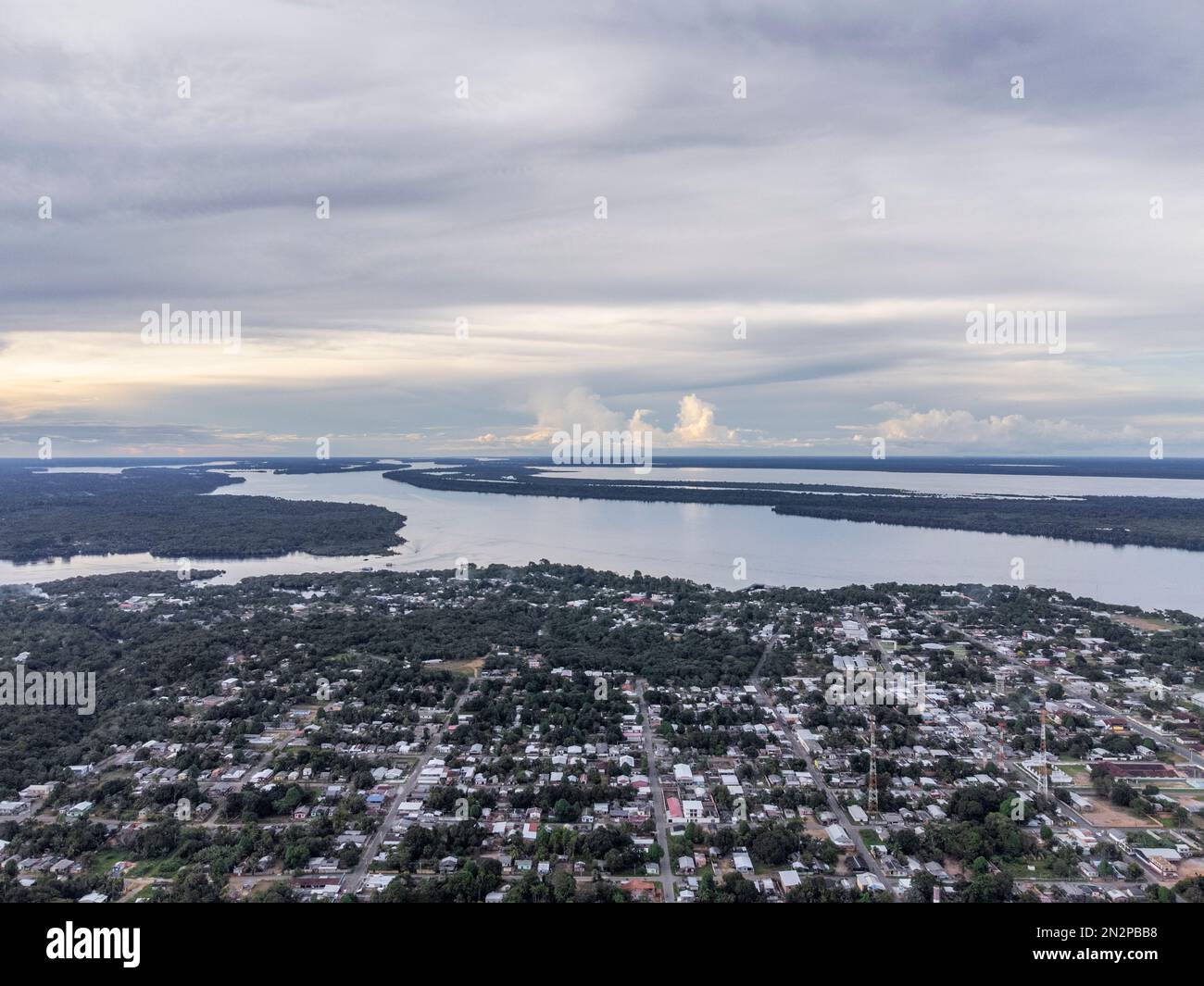 South America, Brazil, Amazon, Novo Airao village, aerial shot of the ...