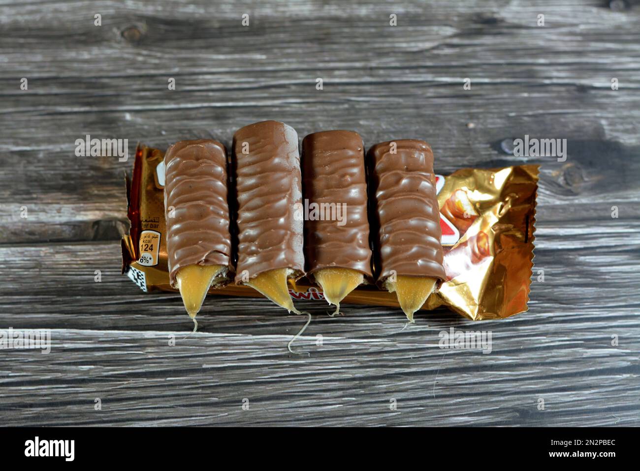 Cairo, Egypt, February 5 2023: Twix caramel shortbread chocolate bar ...