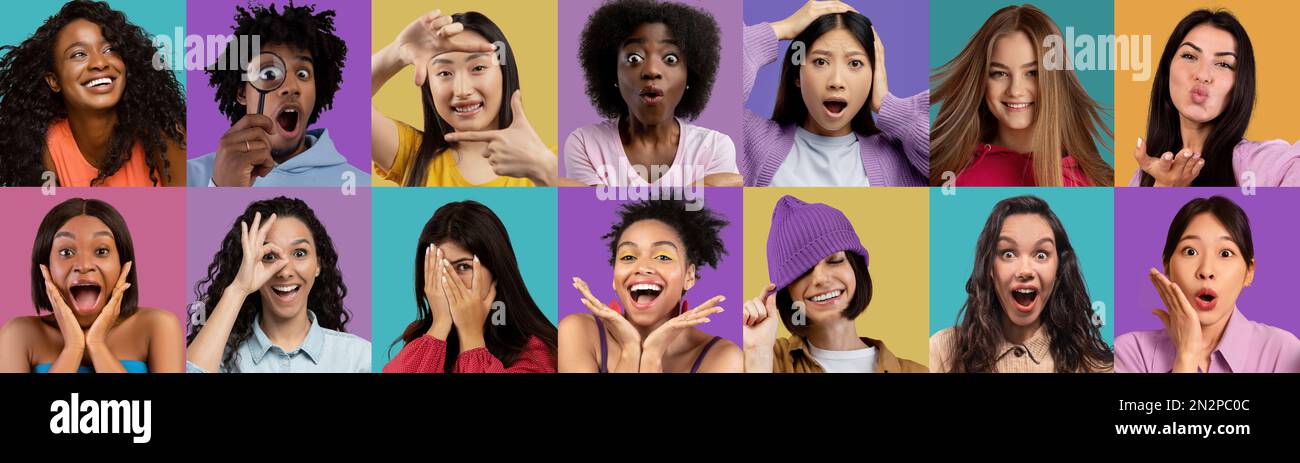 Attractive multiethnic millennials sharing positive emotions, set of ...