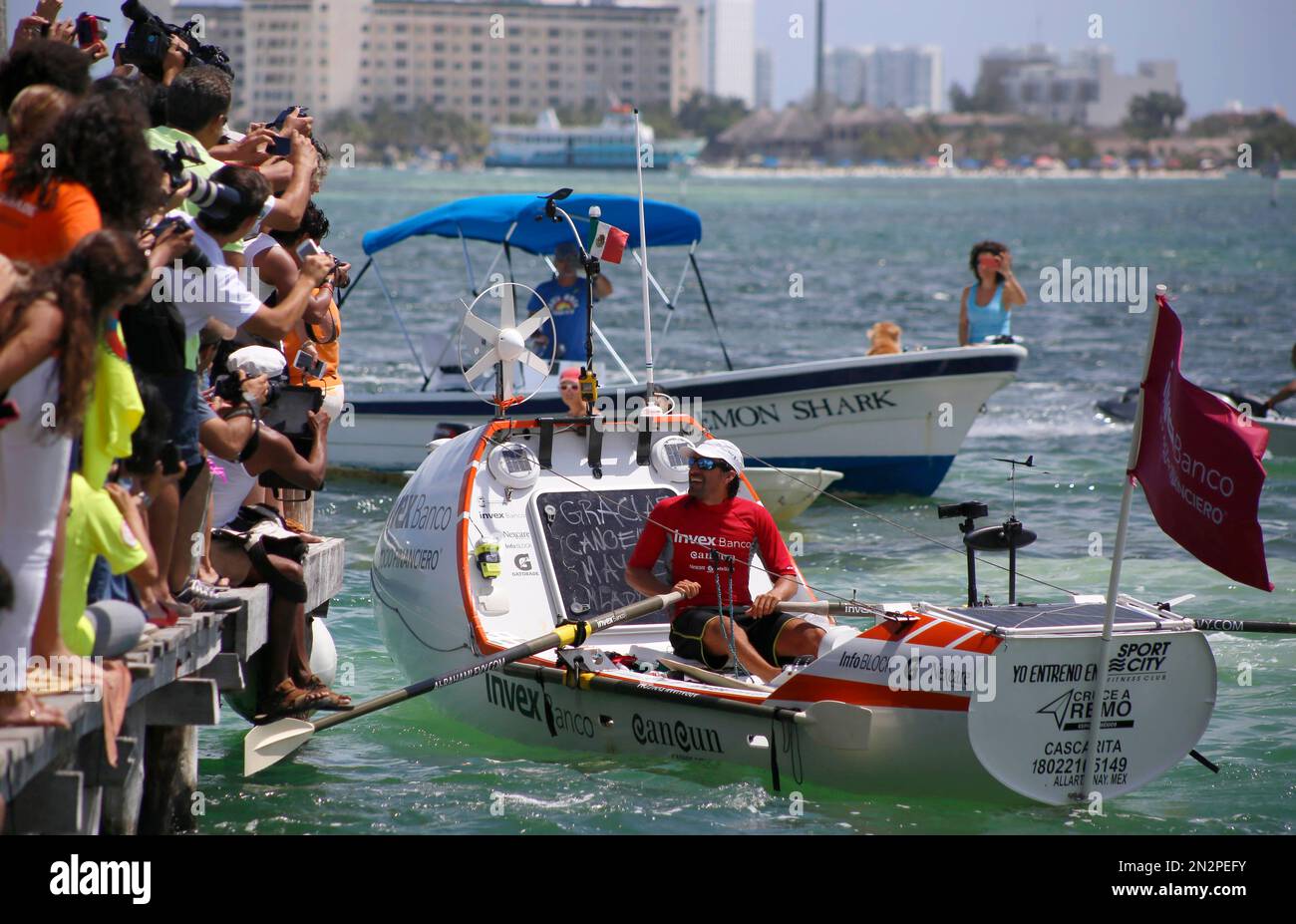 Mexican rower Abraham Levy is greeted by well wishers and the media as ...