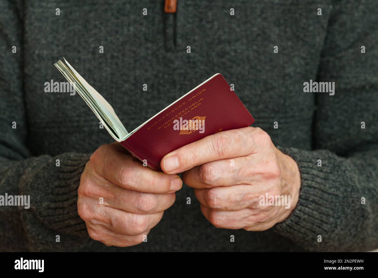 Open german biometric passport in human hands. Close-up Stock Photo - Alamy