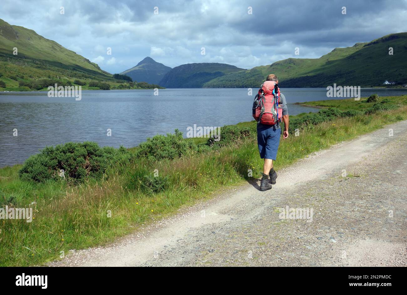 Man Walking to Aultanrynie by Loch More with the Scottish Mountain ...