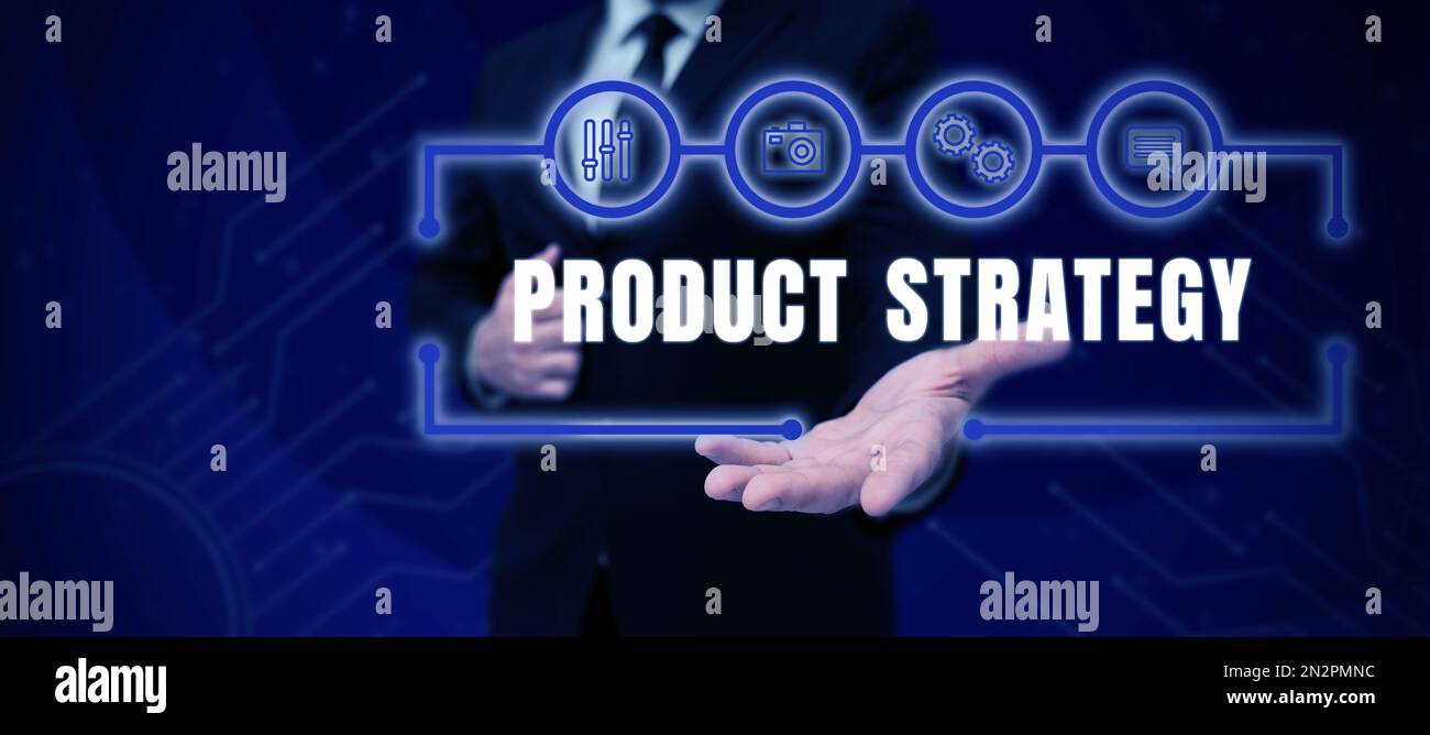 Hand writing sign Product Strategy, Business showcase long term plan ...