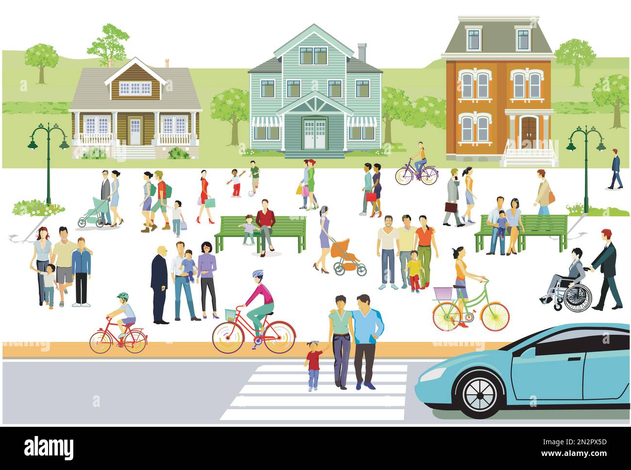 City silhouette in suburbia, with pedestrians in residential area and ...