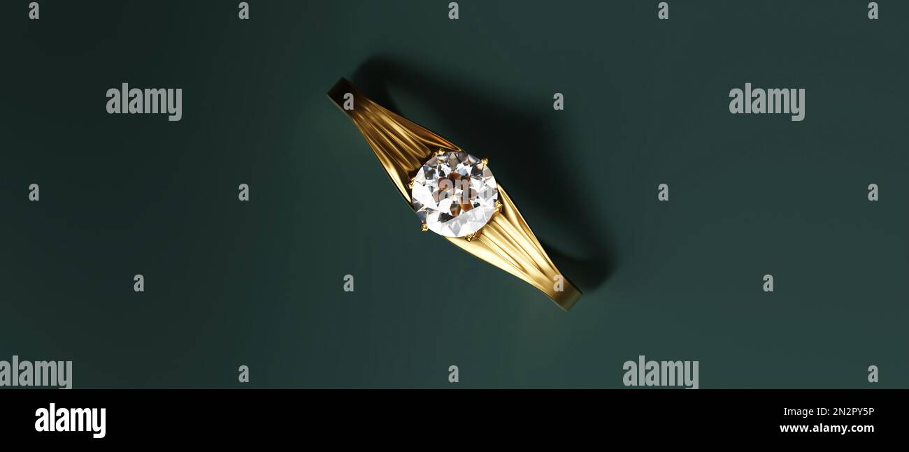 Gold diamond ring focusing on top view isolated on green background 3d ...