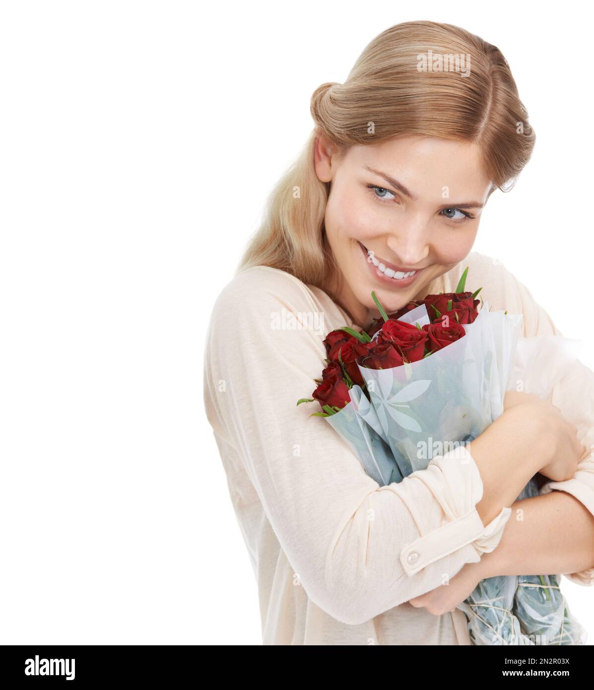 Happy, roses and woman on valentines day with a gift and mockup space ...