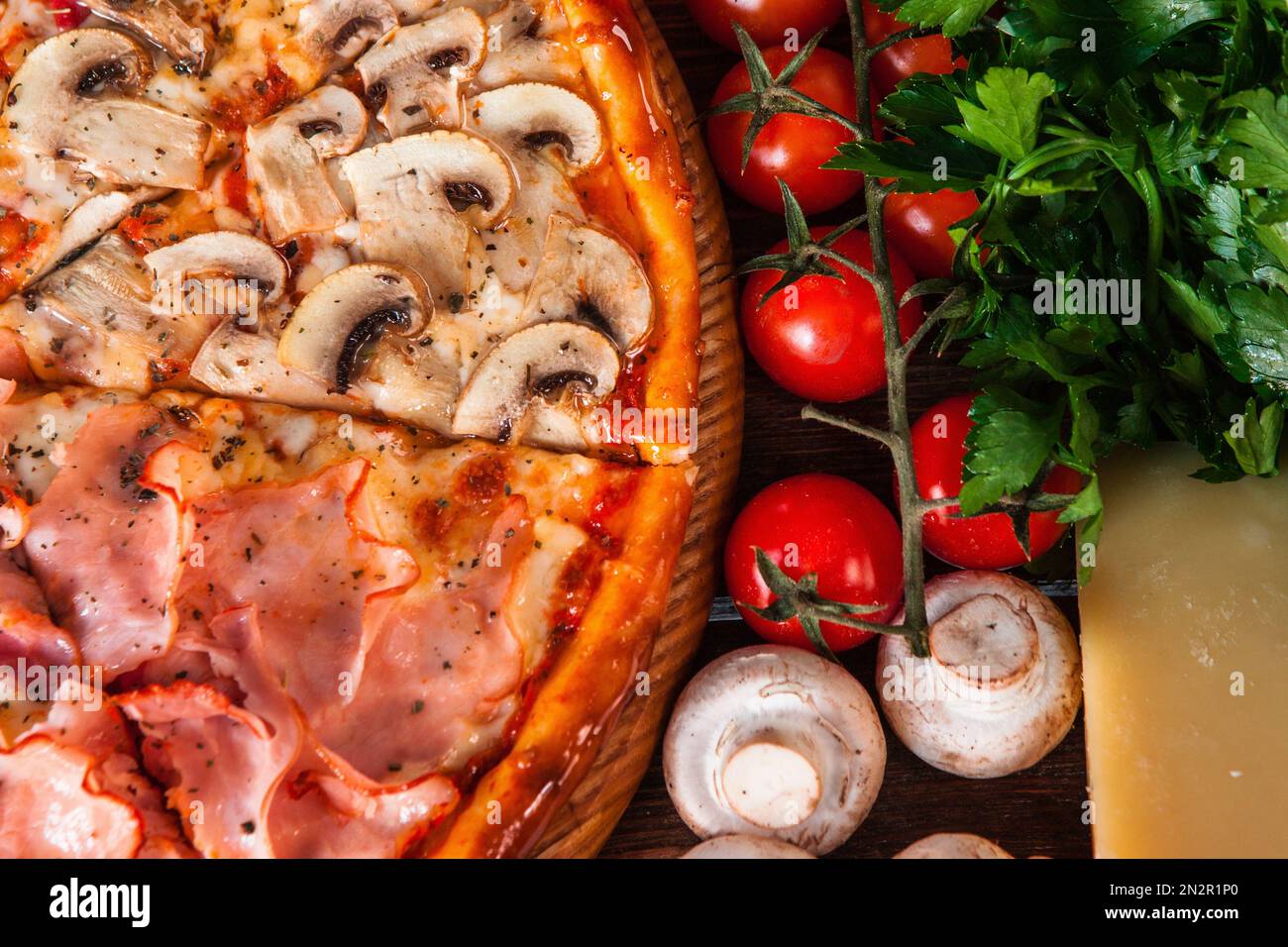 Fresh pizza with ingredients. Food background Stock Photo - Alamy