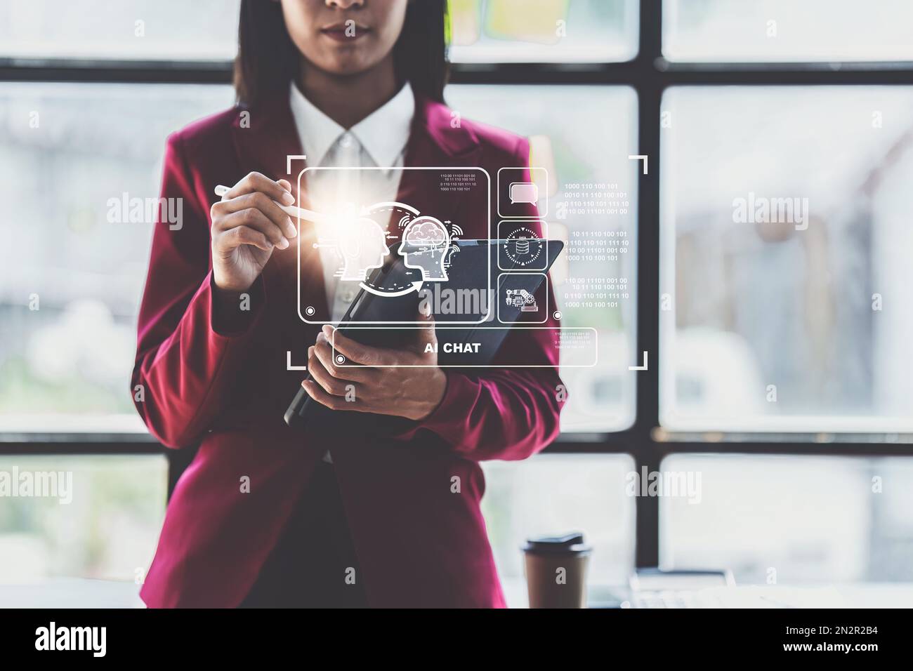 Chatbot Chat with AI, Artificial Intelligence. Business woman using ...