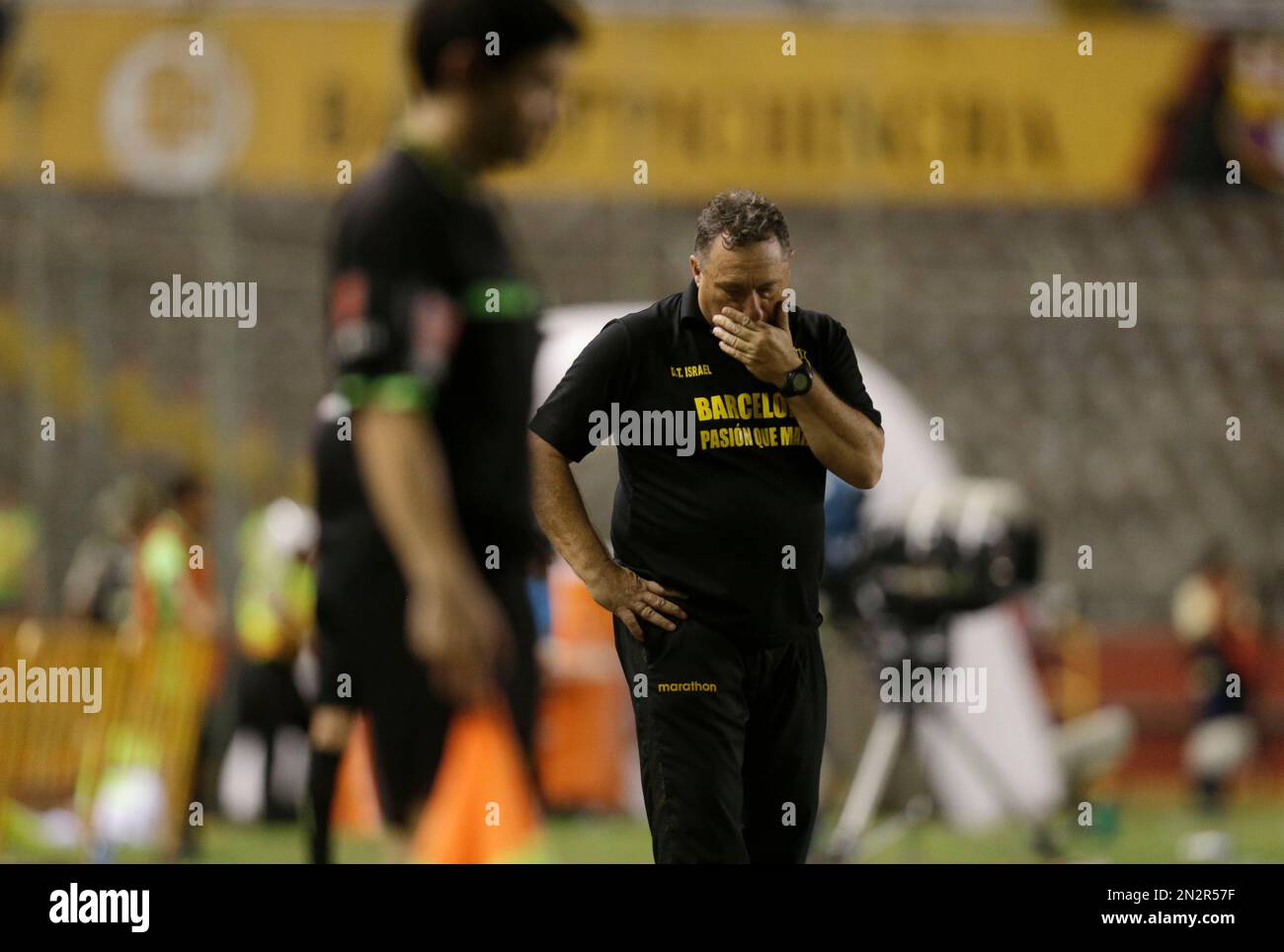 Ruben Israel, coach of Ecuador's Barcelona, gestures on the sideline of ...