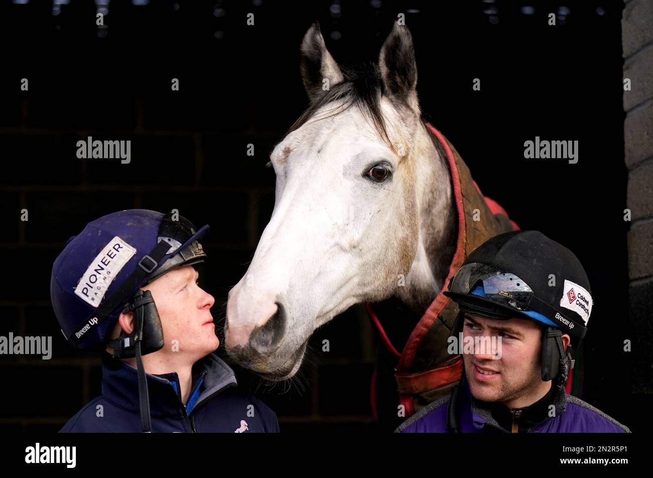 Jockeys Sam Ewing (left) and Jordan Gainford with Farclas during a ...
