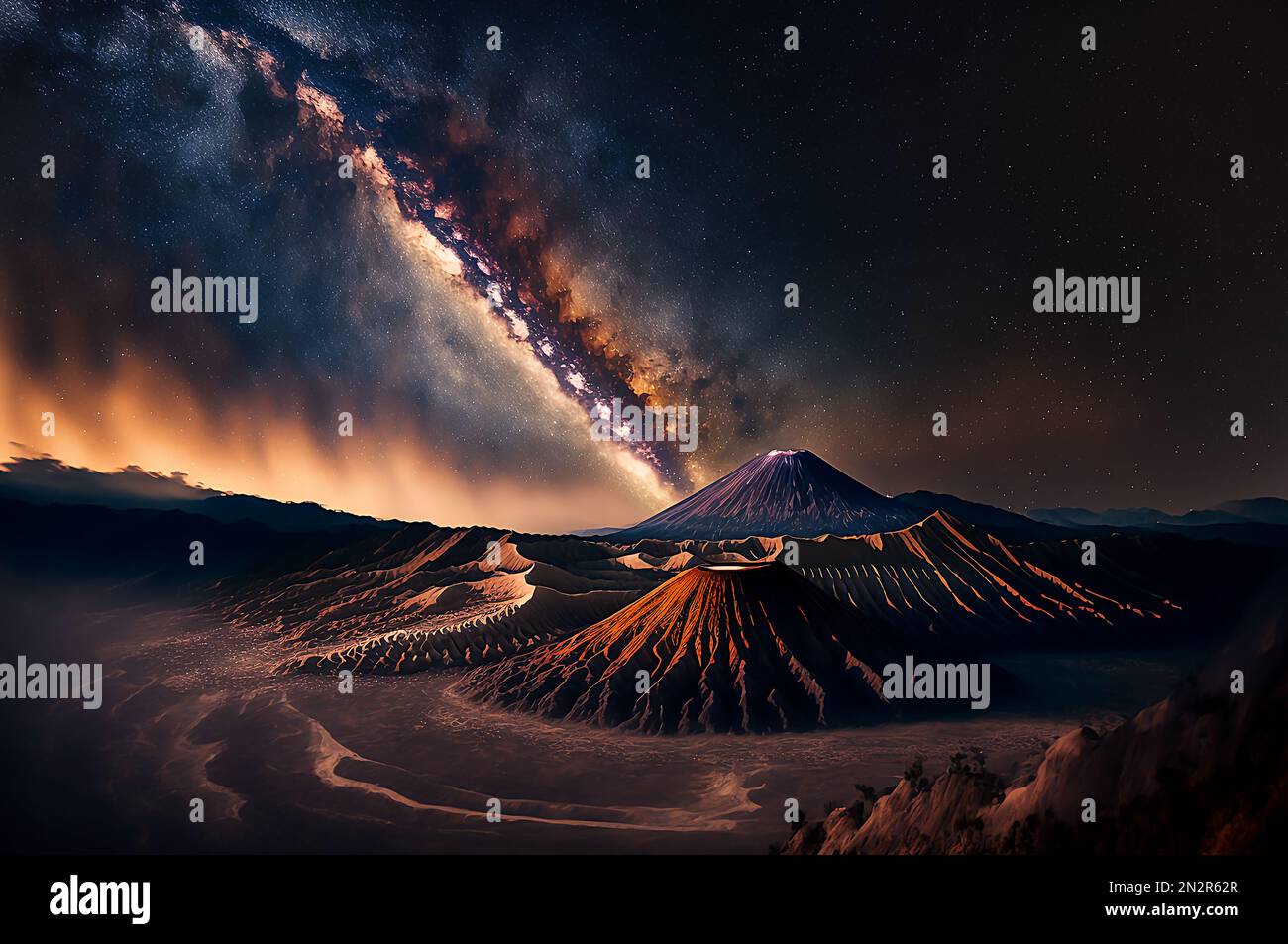 Aerial view of Mt Bromo and milky way at night, Bromo Tengger Semeru ...