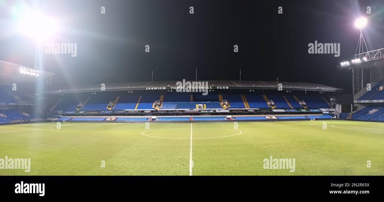 The pitch at Portman Road at night, home of Ipswich Town FC in Suffolk ...