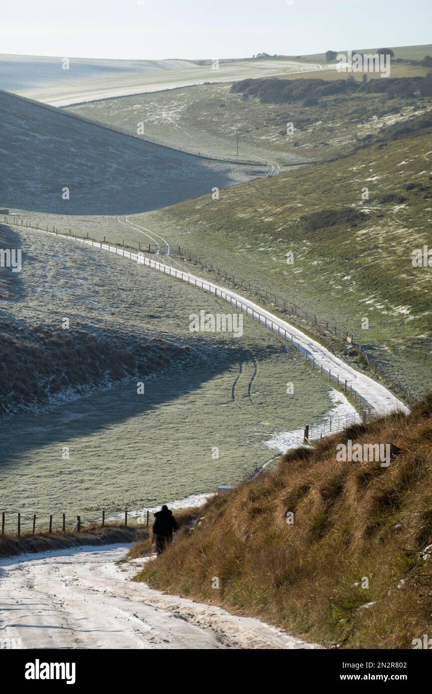 Rolling hills in frost along Chydyok Road, Chaldon Herring, Dorset ...