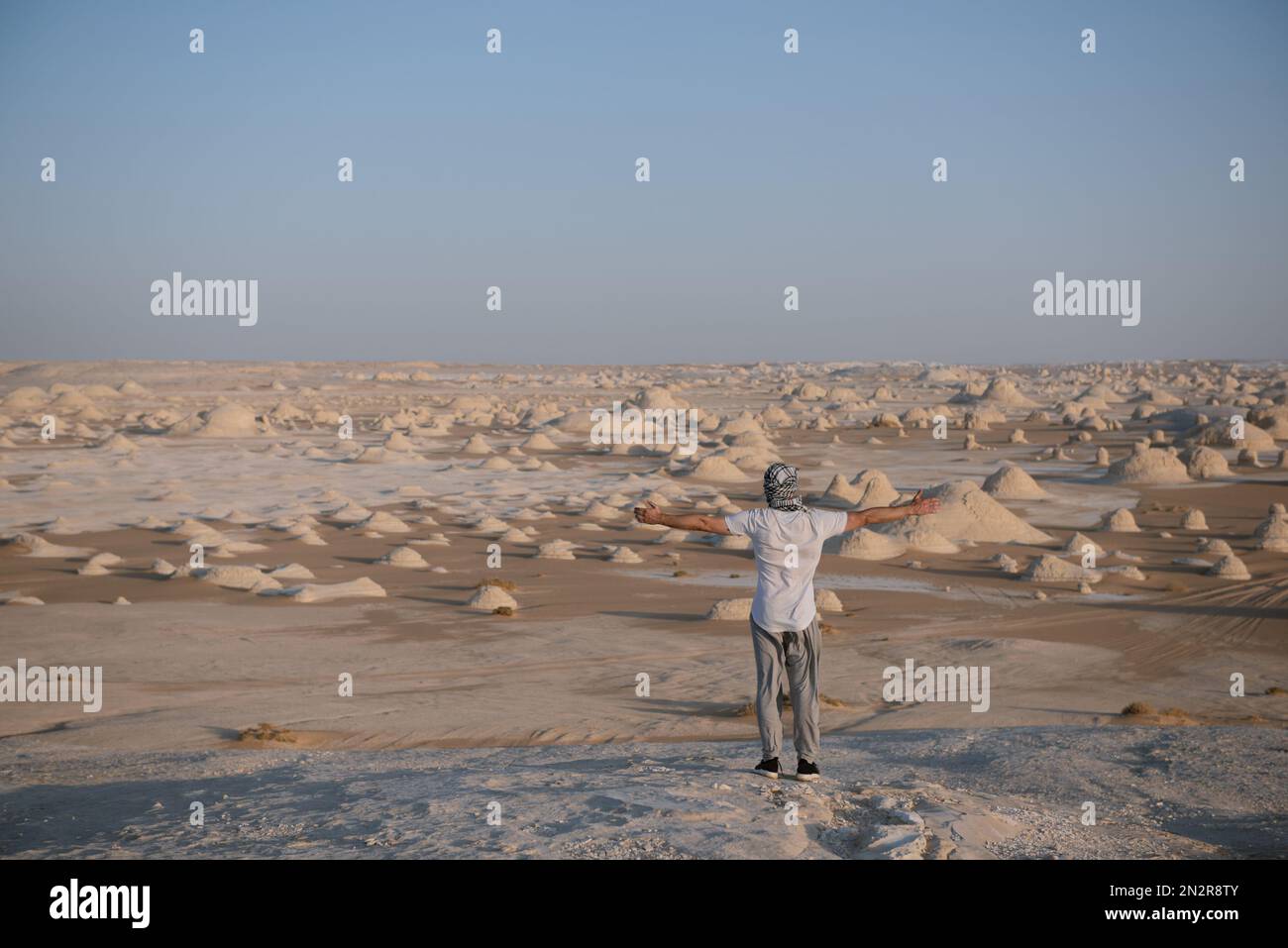 Rear view of a man standing with his arms outstretched in Sahara Desert ...