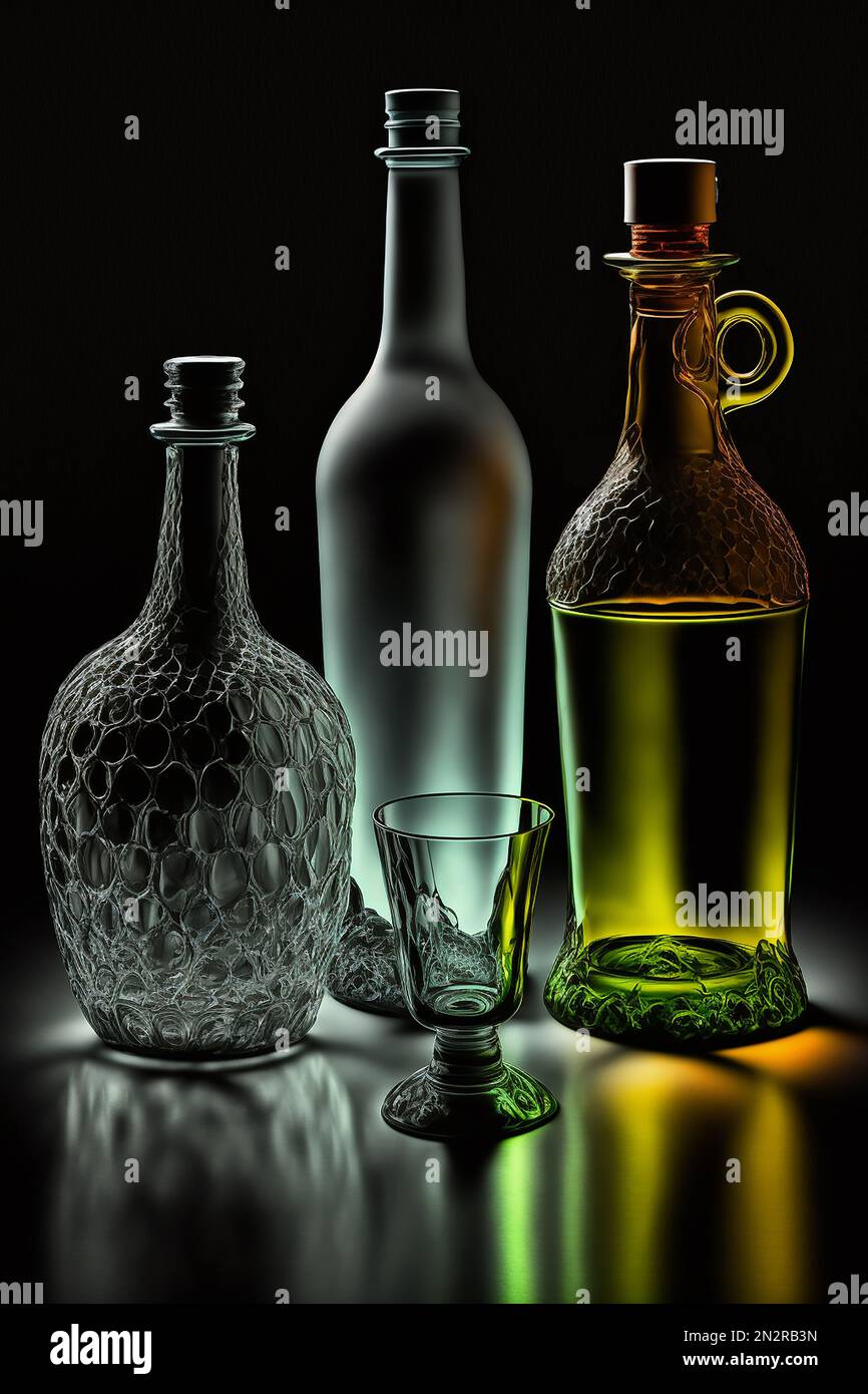 Close-up of three different glass bottles and a wine glass Stock Photo ...