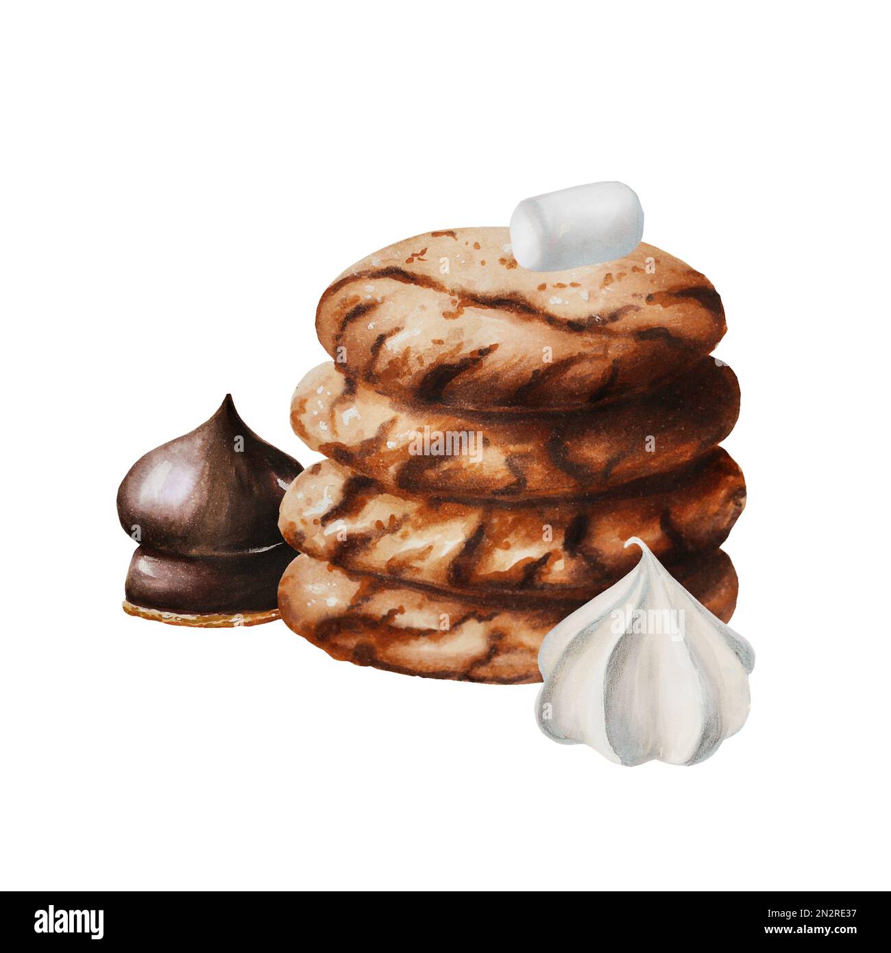 Watercolor composition with , peanut biscuits, marshmallows in ...