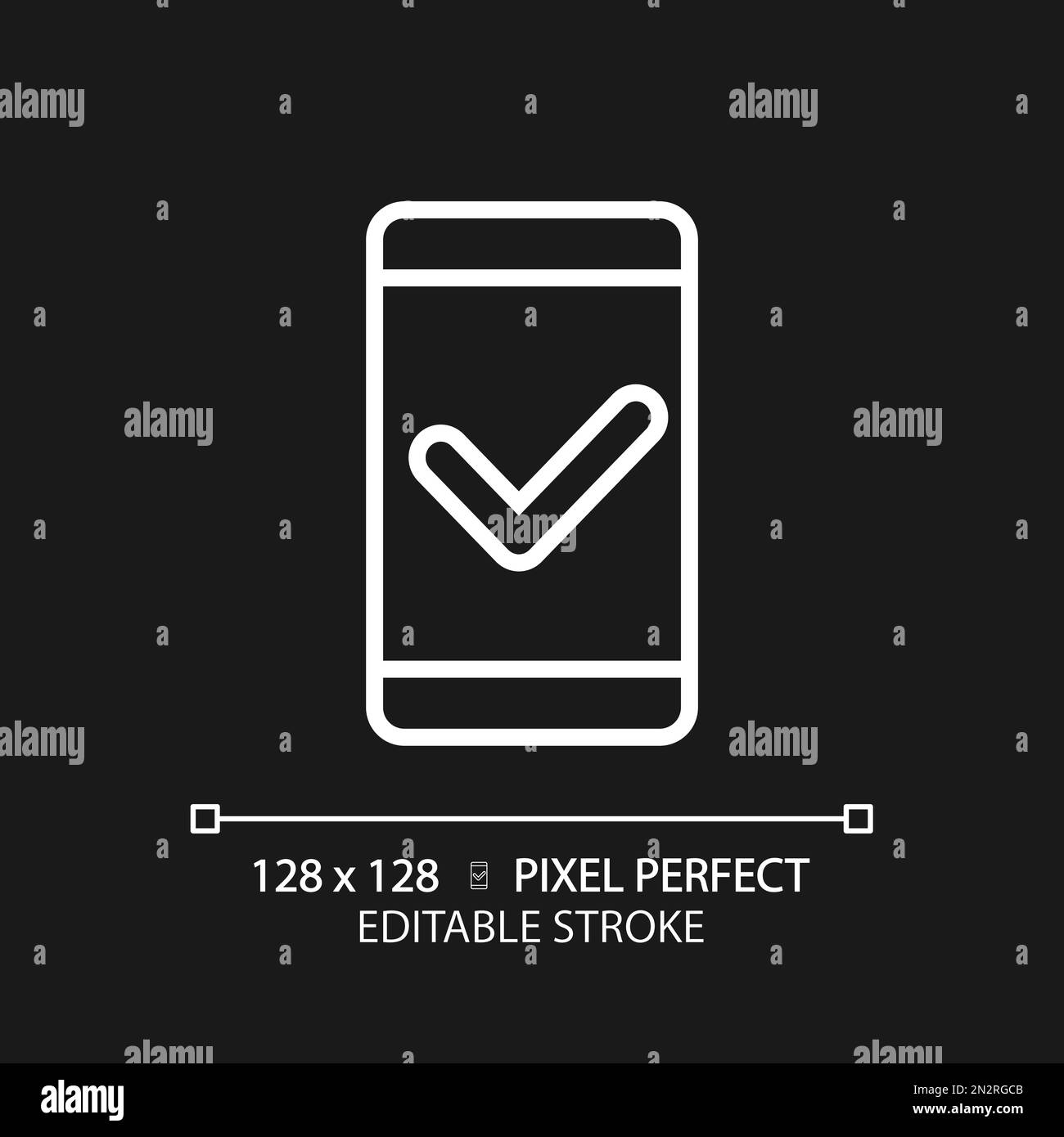 Mobile phone with check mark pixel perfect white linear icon for dark ...