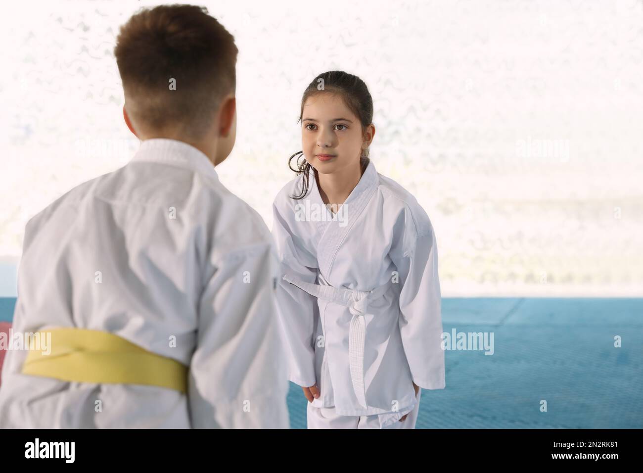 Children in kimono performing ritual bow before karate practice on ...