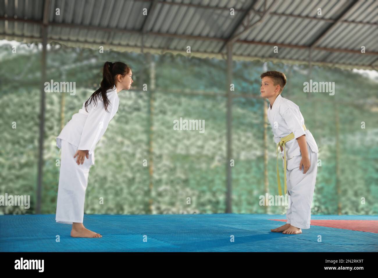 Children in kimono performing ritual bow before karate practice at ...