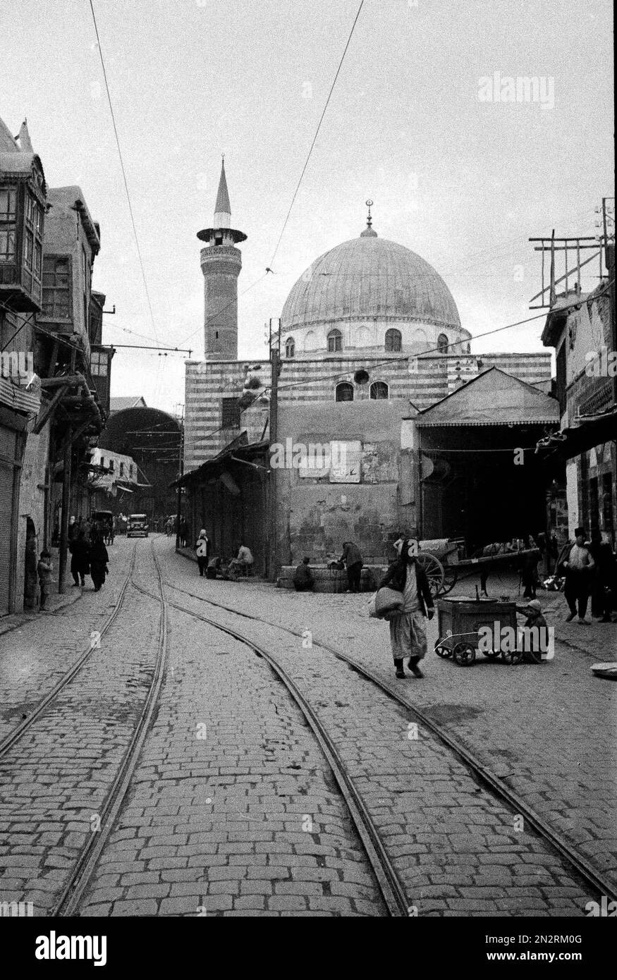 A mosque on the a street in Damascus, the capital of French-mandated ...