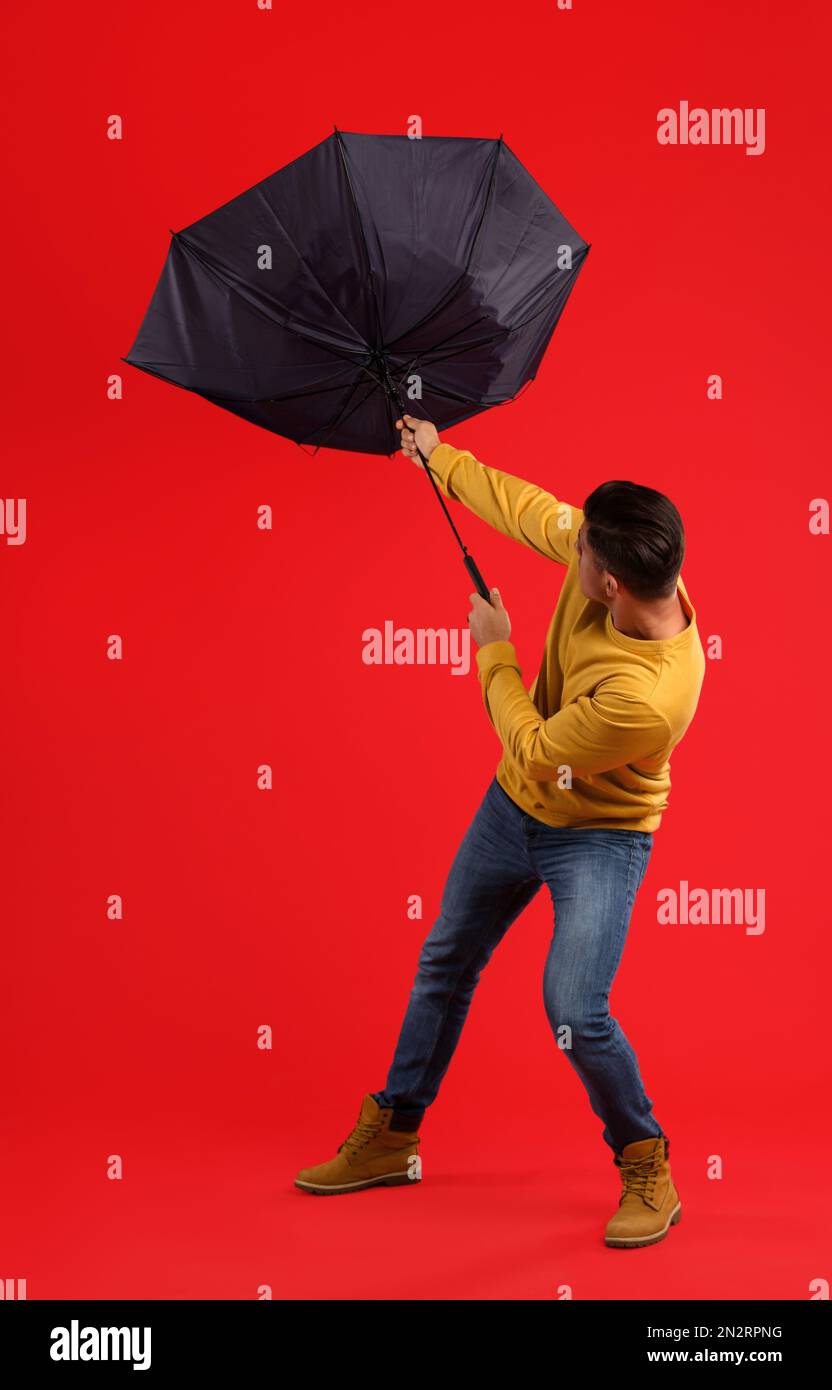 Man with umbrella caught in gust of wind on red background Stock Photo ...