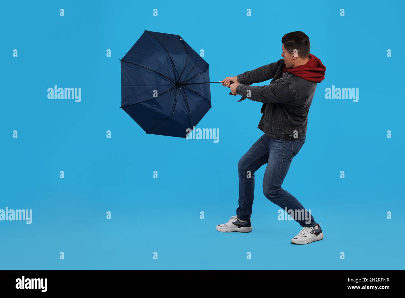 Man with umbrella caught in gust of wind on light blue background Stock ...