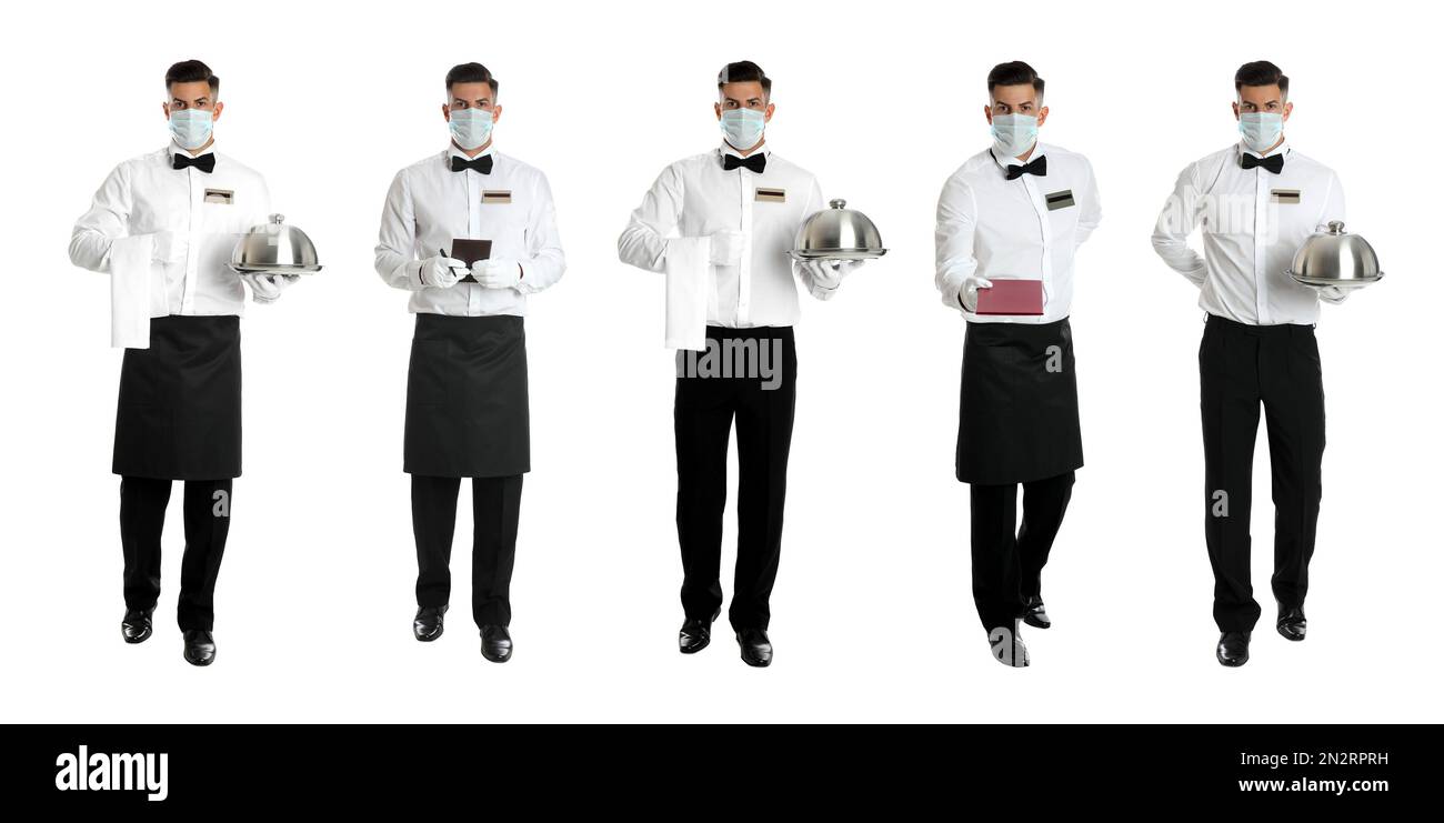 Collage with photos of waiter wearing medical mask on white background ...
