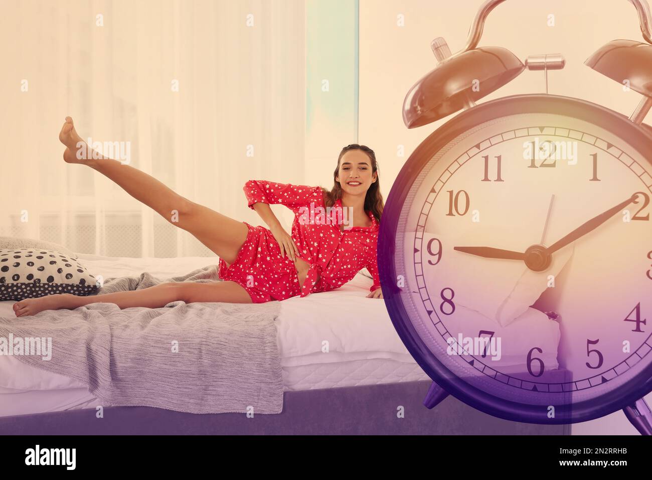 Workout time. Double exposure of woman doing exercise on bed at home ...