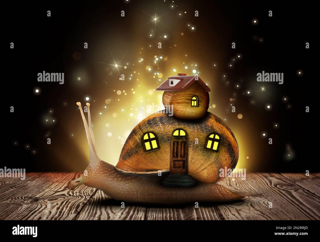 Fantasy world. Magic snail with its shell house moving on wooden ...