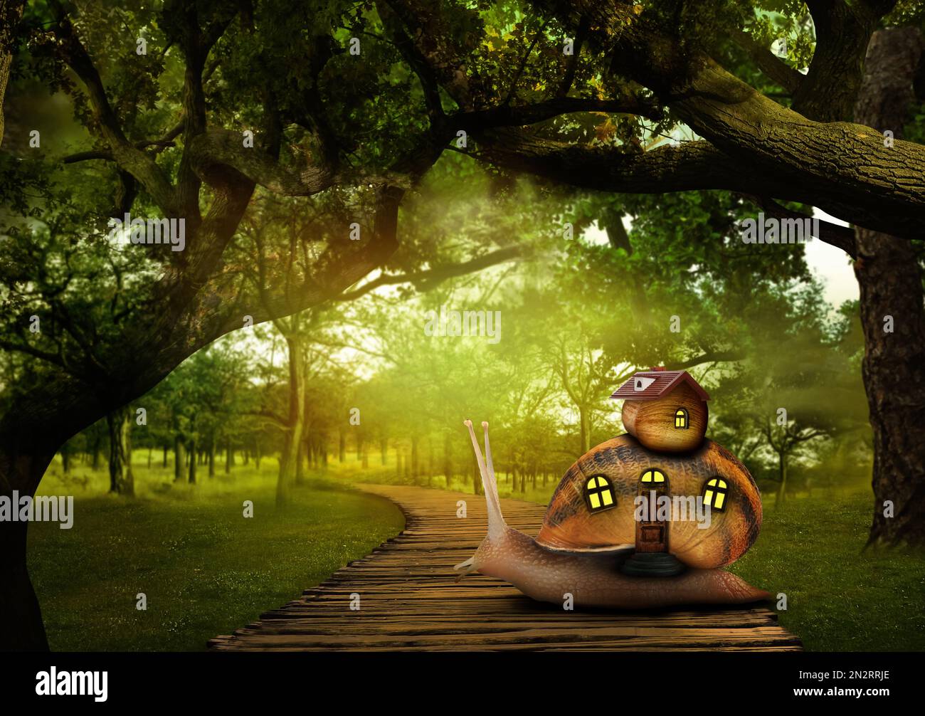 Fantasy world. Magic snail with its shell house moving in beautiful ...