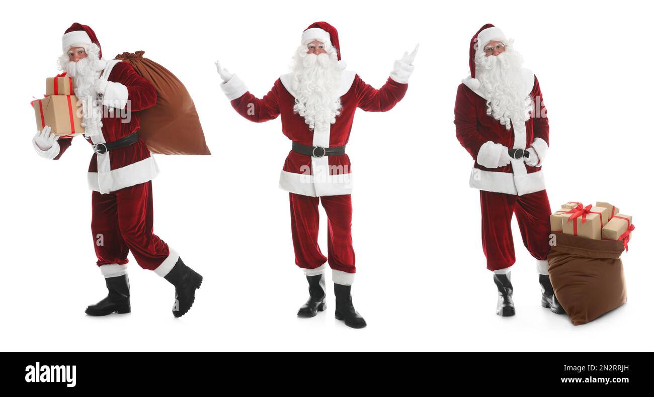 Collage with photos of Santa Claus on white background. Banner design ...