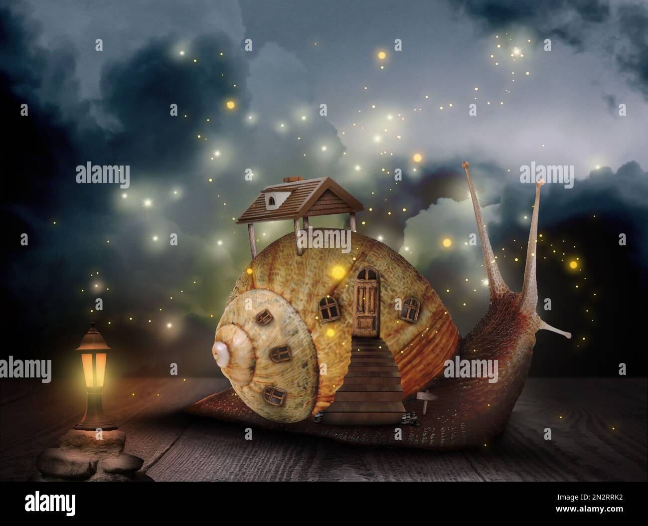 Fantasy world. Magic snail with its shell house moving on wooden ...