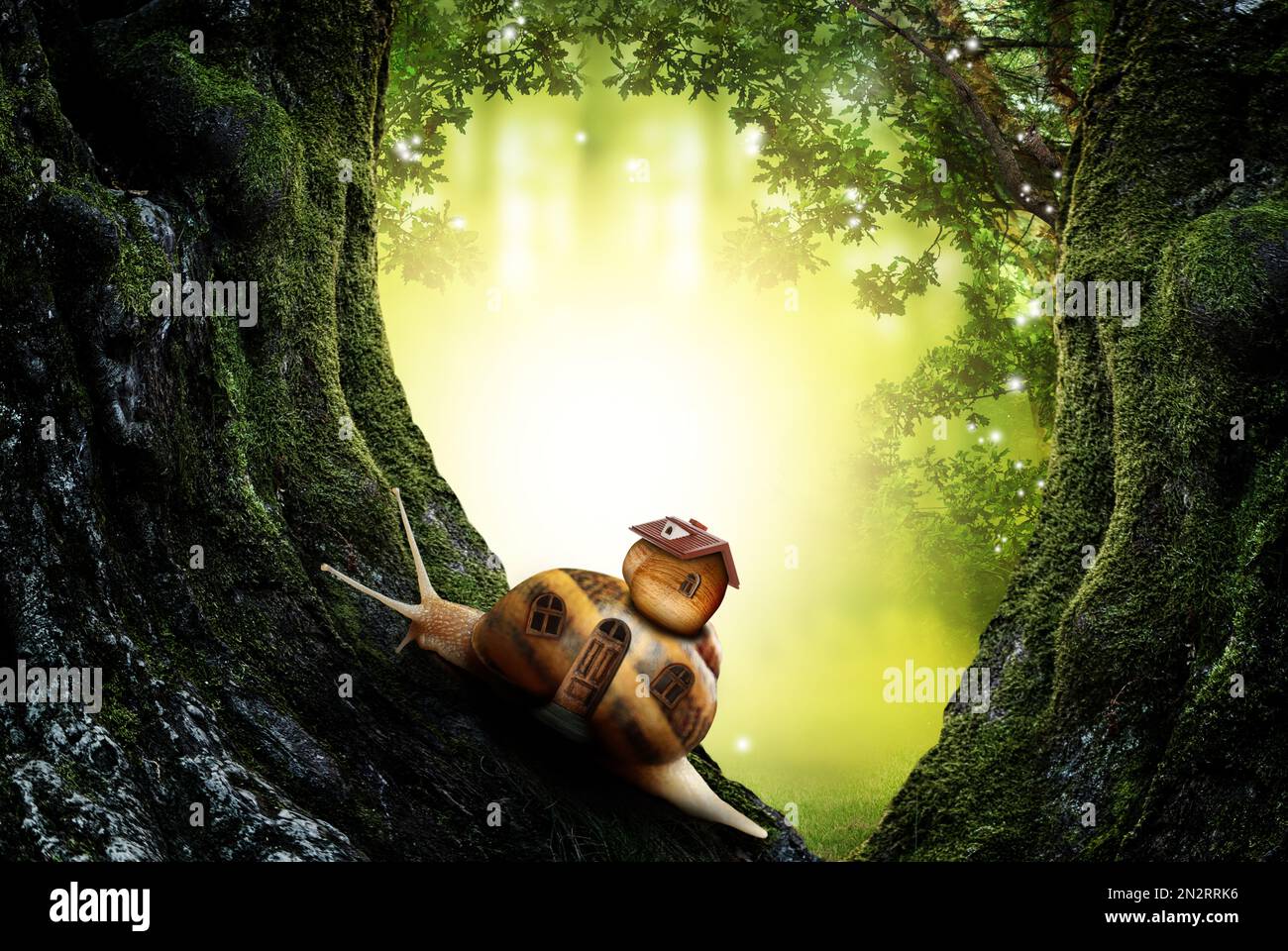 Fantasy world. Magic snail with its shell house moving on tree in ...