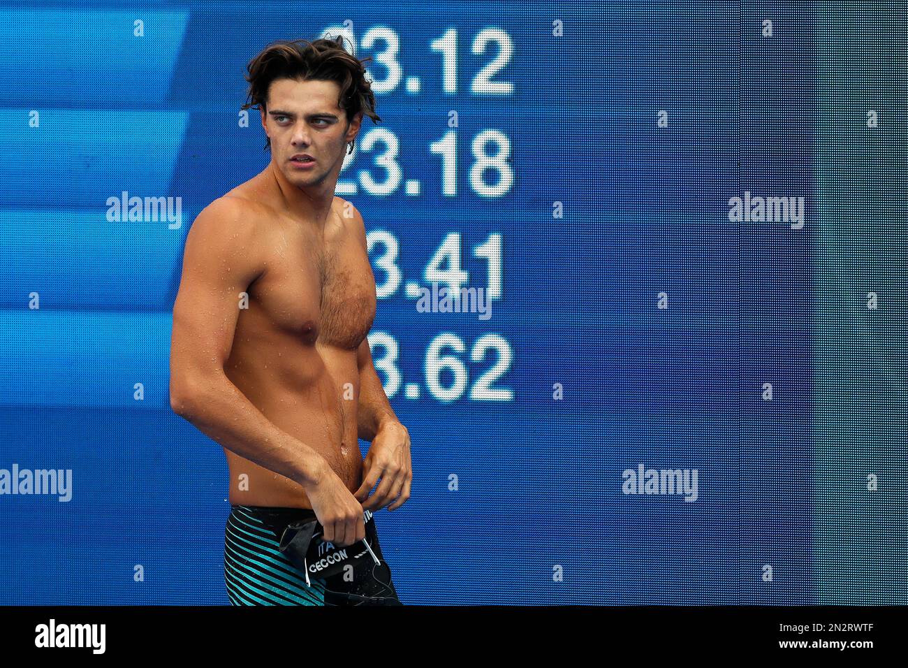Rome, Italy, 12 August 2022. Thomas Ceccon of Italy reacts during the LEN European Aquatics ...
