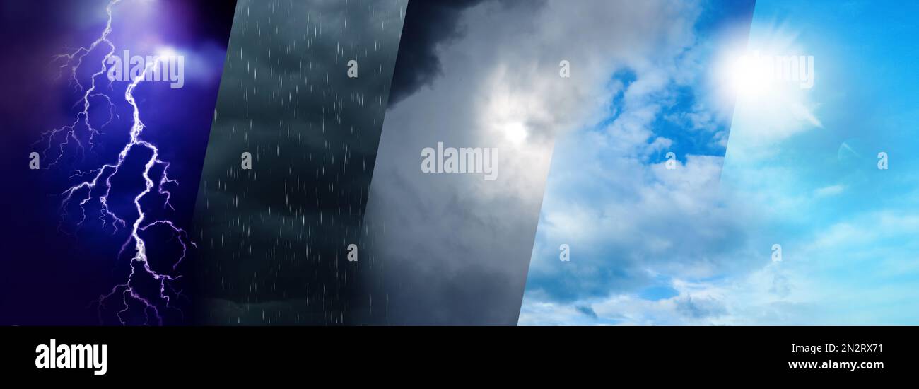 Photos of sky in collage, banner design. Different weather Stock Photo ...